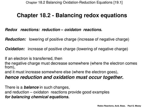 Ppt Chapter Balancing Redox Equations Redox Reactions Reduction Oxidaton Reactions