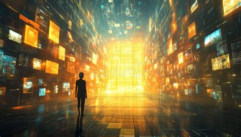 Man Facing A Wall Of Glowing Images Representing Big Data Concept Of