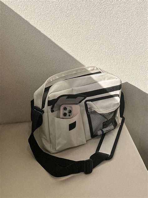 호쉔 아이콘 캔버스 메쉬 지퍼 포켓 크로스 학생 메신저백 2color