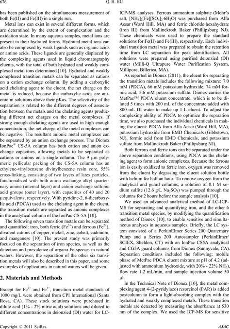 Simultaneous Separation And Quantification Of Iron And Transition Species Using Lc Icp Ms