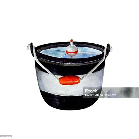 수채화 그리기 낚시 양동이 빨간색 손잡이가 있는 흑백 물이 가득 차 있고 중간에 보블러가 떠 있습니다 배경 화면 로고 배너 아이콘 카드 전단지 직물 엽서 포장지 스티커 배경