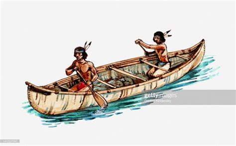 Illustration Of Native Americans Rowing Bark Canoe Canoe Drawing Side