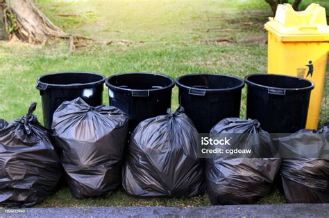 쓰레기 검은 봉투와 쓰레기통에 쓰레기 쓰레기통 쓰레기 쓰레기 와 쓰레기 봉투 많은 정원 공공 공원에서 플라스틱 폐기물 쓰레기에 대한 스톡 사진 및 기타 이미지 Istock