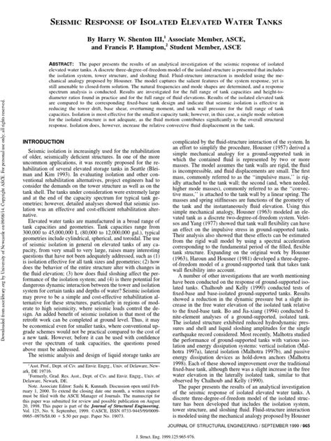 Ismic Response Of Isolated Elevated Water Tanks Pdf Equations