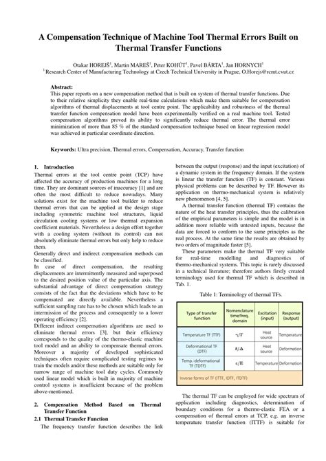 PDF A Compensation Technique Of Machine Tool Thermal Errors Built On Thermal Transfer Functions