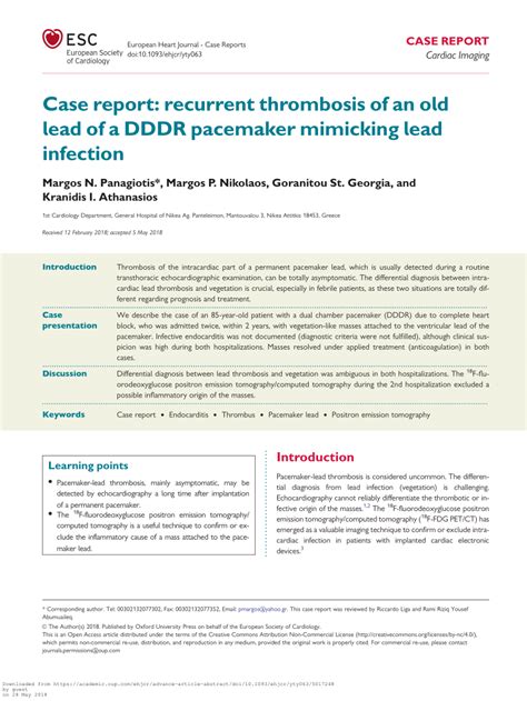 Pdf Case Report Recurrent Thrombosis Of An Old Lead Of A Dddr Pacemaker Mimicking Lead Infection