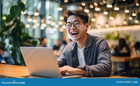 Young Asian Man Using Laptop In Cafe Stock Illustration Illustration