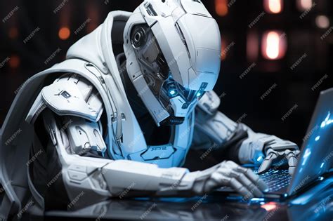 Premium Ai Image Arafed Robot Using A Laptop Computer In A Dark Room Generative Ai