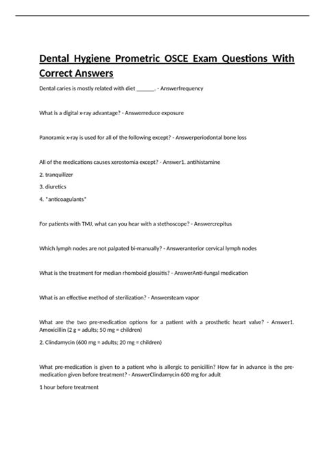 dental hygiene prometric osce exam questions with correct answers dental hygiene prometric