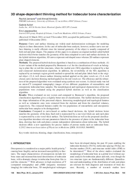 Pdf 3d Shape Dependent Skeletonization Method For Trabecular Bone