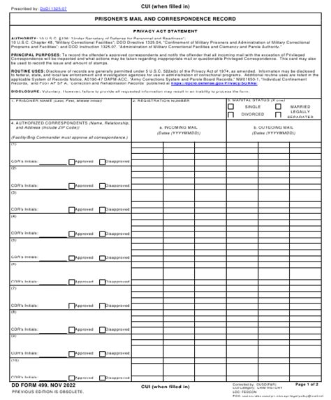 Dd Form 499 Download Fillable Pdf Or Fill Online Prisoners Mail And Correspondence Record