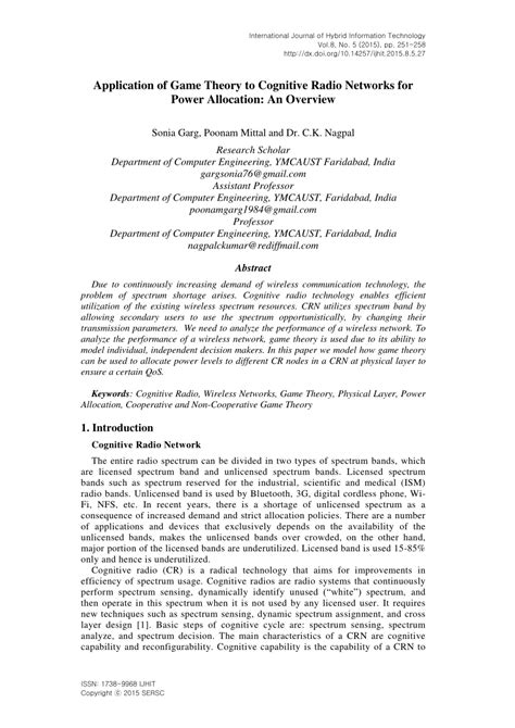 Pdf Application Of Game Theory To Cognitive Radio Networks For Power