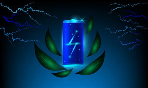 파란색 전기 배터리 충전 충전 배터리와 미래 지향적 인 빛나는 스타일의 녹색 잎이있는 에코 지속 가능한 에너지의 개념 대체 에코 에너지 기술 벡터 일러스트 레이 션입니다 0