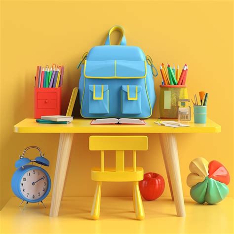 School Bag Table With Class Accessory And 3d Background Design Premium Ai Generated Image