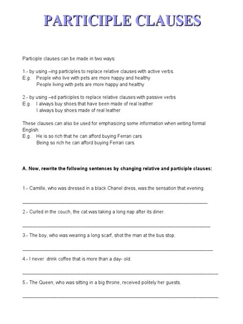 Worksheet Participle Clauses Pdf