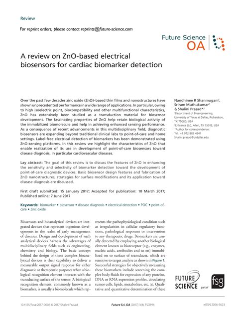Pdf A Review On Zno Based Electrical Biosensors For Cardiac Biomarker Detection