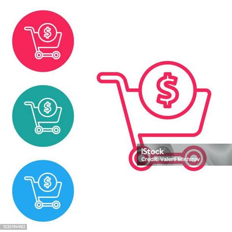 빨간색 선 쇼핑 카트와 흰색 배경에 격리 된 달러 기호 아이콘입니다 온라인 구매 개념입니다 배달 서비스 슈퍼마켓 바구니입니다 원 버튼으로 아이콘을 설정합니다 벡터