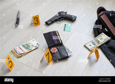 Crime Scene Investigation Numbering Of Evidences After The Murdering In Apartment Brass