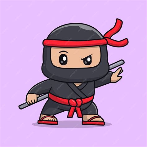 Premium Vector Cute Ninja With Stick Cartoon Vector Icon Illustration