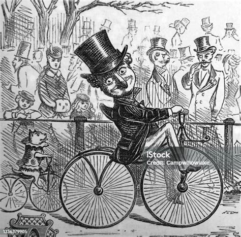 영국 풍자 만화 캐리커처 일러스트레이션 펀치는 그의 뒤에 자전거에 개와 함께 자전거를 타고 상단 모자를 입고 런던 잉글랜드에