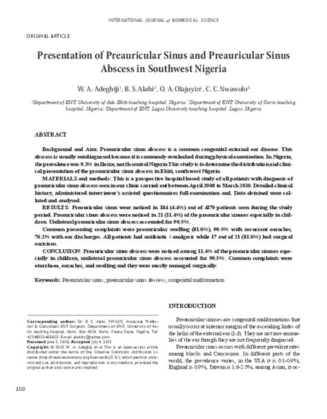 Pdf Presentation Of Preauricular Sinus And Preauricular Sinus Abscess In Southwest Nigeria