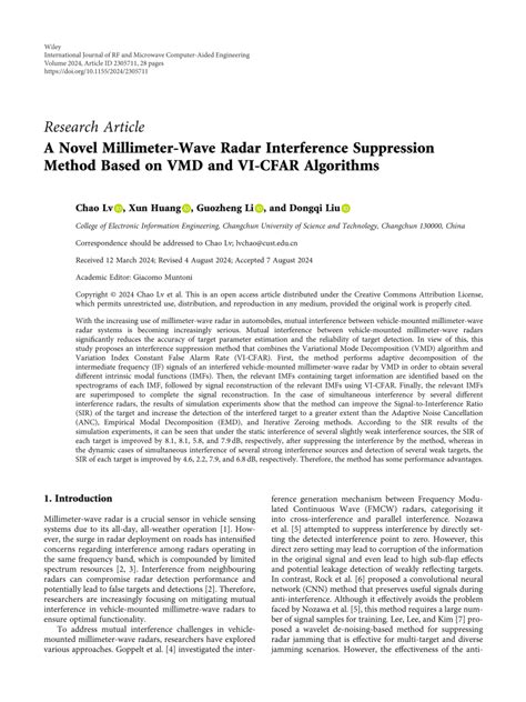 pdf a novel millimeter wave radar interference suppression method based on vmd and vi cfar
