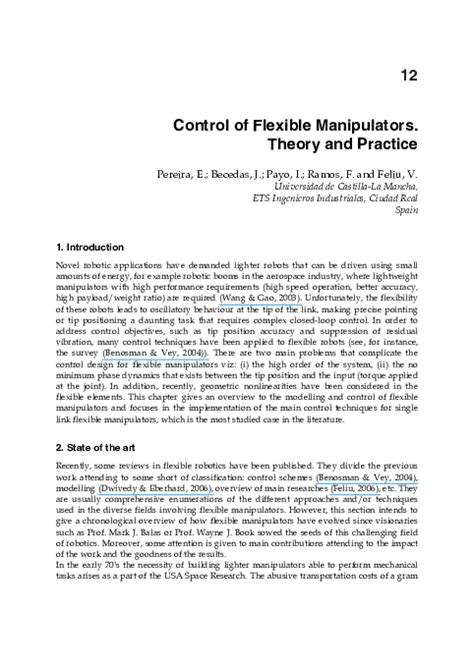 Pdf Control Of Flexible Manipulators Theory And Practice