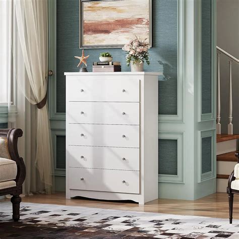 White 5 Drawer Wood Dresser Bedroom Storage Cabinet And Organizer For