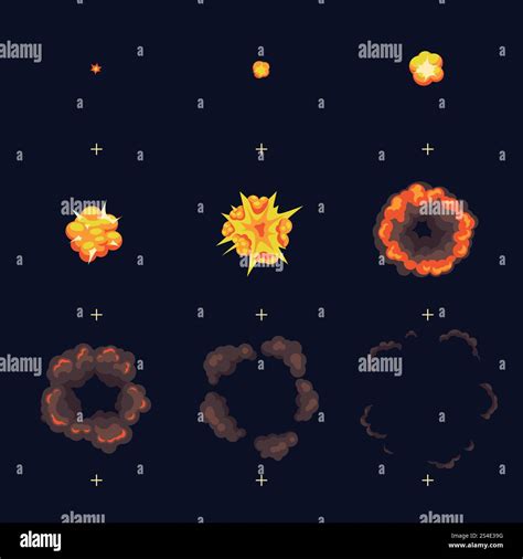 Cartoon disappear explode bomb explosion with smoke cloud vector animation frames. Explode ...