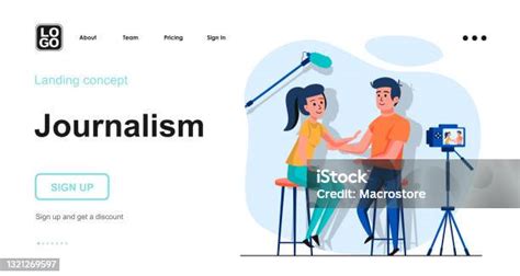 저널리즘 웹 개념 인터뷰 프로그램 남자와 여자 방송 라이브 Tv 쇼의 녹화 사용자 장면의 템플릿입니다 웹 사이트에 대한 평면 디자인에서 캐릭터 활동이있는 벡터 일러스트레이션