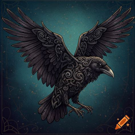 Symmetrical Tattoo Art Illustration Of Two Black Ravens With Spread Wings Guarding A Nest