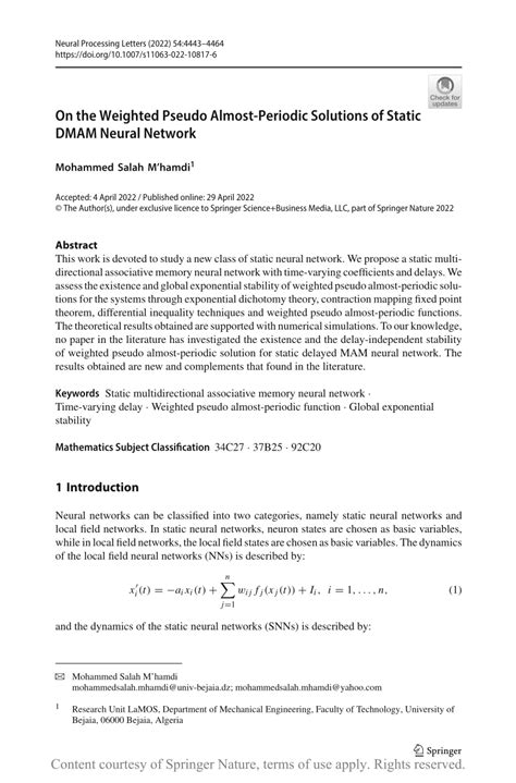 On The Weighted Pseudo Almost Periodic Solutions Of Static Dmam Neural Network Request Pdf