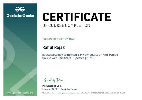 Python Geeksforgeeks Certificate Learning Programming Rahul Rajak