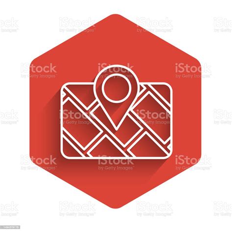 긴 그림자로 격리 된지도 아이콘이있는 흰색 줄 Gps 장치 빨간 육각 버튼 벡터 개념에 대한 스톡 벡터 아트 및 기타 이미지 개념 거리 검색 Istock