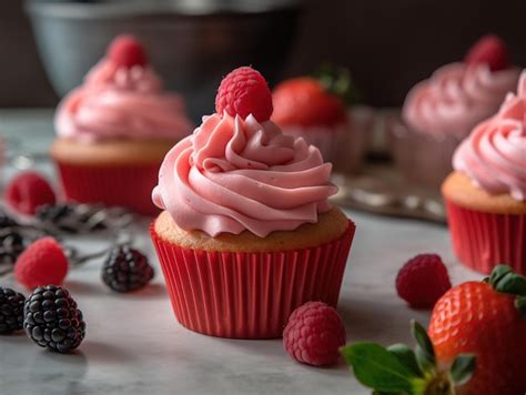 Premium Ai Image A Pink Cupcake With A Raspberry Frosting On Top