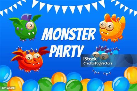 귀여운 재미 몬스터 캐릭터 생일 축하 포스터 전단지 초대 카드 벡터 일러스트와 몬스터 파티 배너 템플릿 귀여운에 대한 스톡 벡터