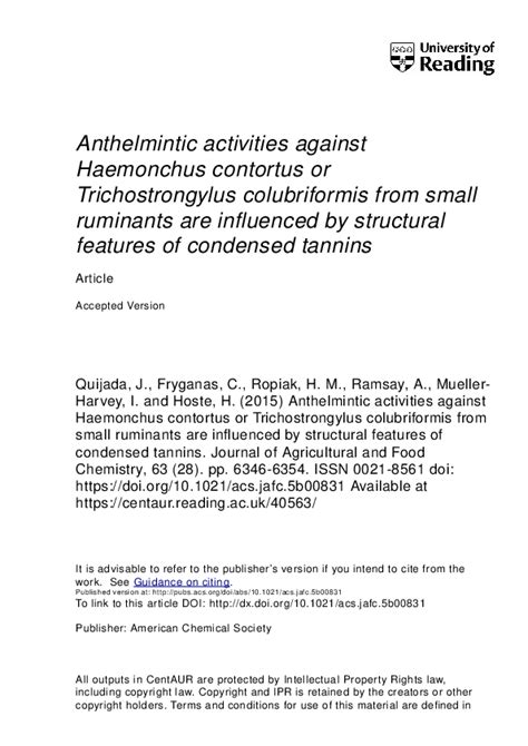 Pdf Anthelmintic Activities Against Haemonchus Contortus Or Trichostrongylus Colubriformis