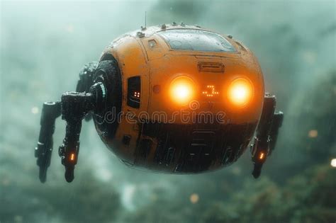Futuristic Floating Robot Exploring A Mysterious Underwater World Stock
