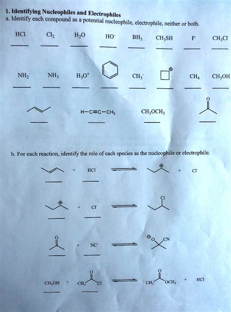 SOLVED: Identifying Nucleophiles and Electrophiles Identify cach compound as a potential ...