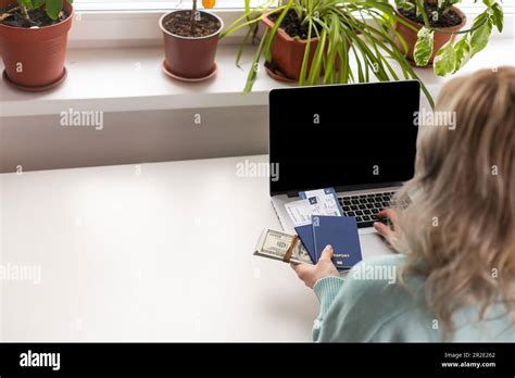 Woman Hold Banknote Us Dollars In Hand And Count It Passport With