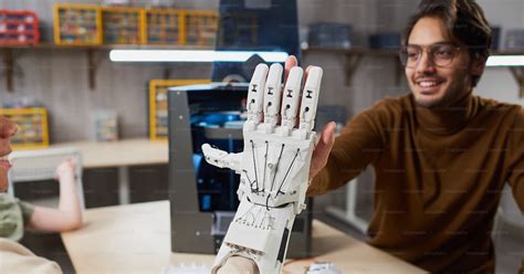 로봇 팔을 손에 얹고 제어하려고 하는 학생 로봇 수업 중 선생님에게 하이파이브를 하는 모습 사진 Unsplash의 사람 이미지