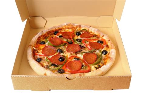 Коробка пиццы, коробка внутренности пиццы Pepperoni открытая ...