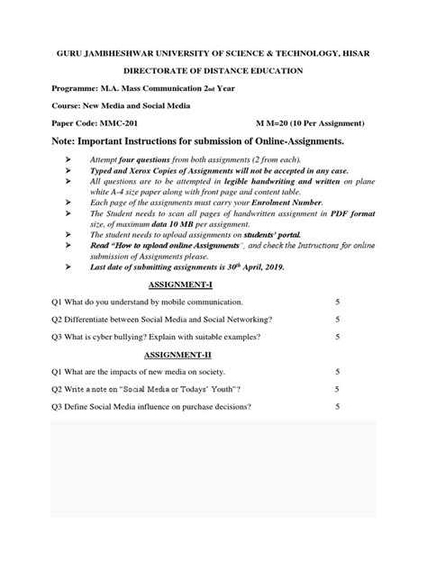 Instructions For Submitting Online Assignments For Various Mass