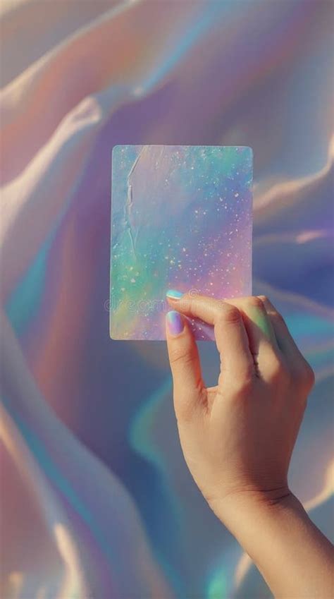 A Person Holding A Small Object With An Holographic Effect Stock