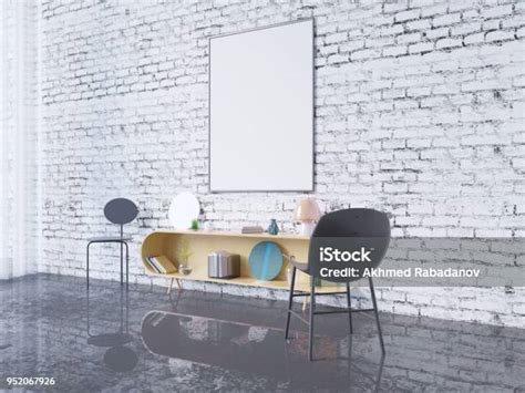 홈 오피스 인테리어 배경 3d 렌더링 3d 일러스트의 포스터 프레임을 모의 0명에 대한 스톡 사진 및 기타 이미지 0명 가구 공란 Istock