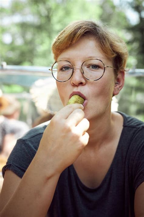 Caucasian Woman Eating Pickle Stock Image Image Of Girl Happy 261568681