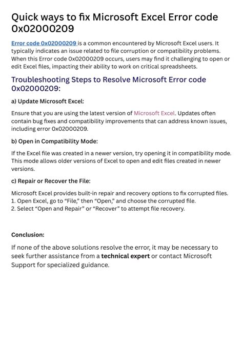 Ppt Quick Ways To Fix Microsoft Excel Error Code 0x02000209 Powerpoint Presentation Id13676538