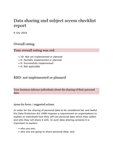 Data Sharing And Subject Access Checklist Report Pdf Information