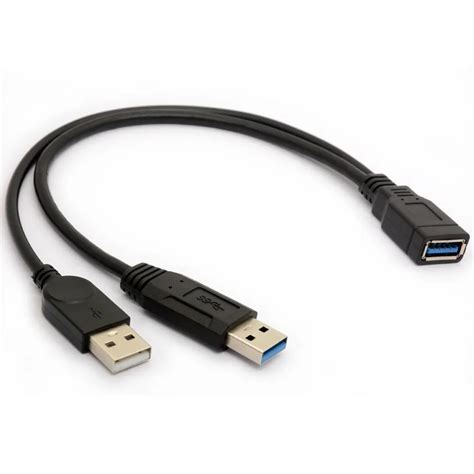 Black USB Female To Dual USB Male Extra Power Data Y Extension Cable For Mobile Hard