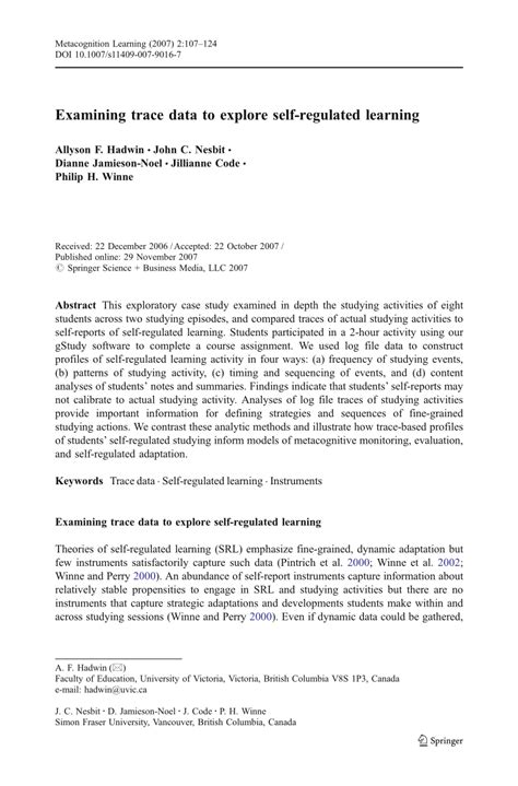 Pdf Examining Trace Data To Explore Self Regulated Learning